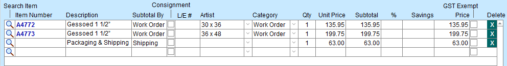Invoice Line Item Entry Screen